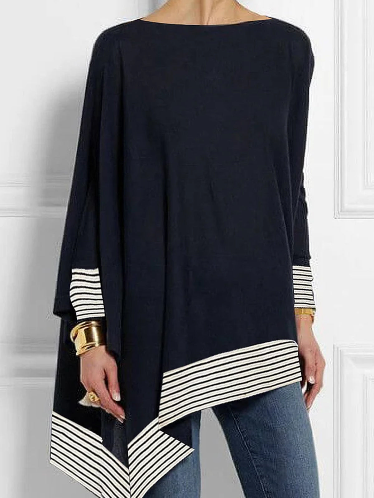 Daily Loose Colorblock Crew Neck Diagonal Hem Blouse