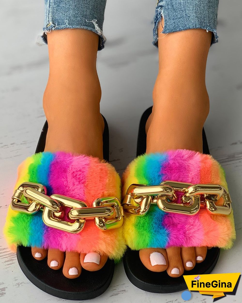 FineGina Colorful Fluffy Chain Strap Slide Slippers