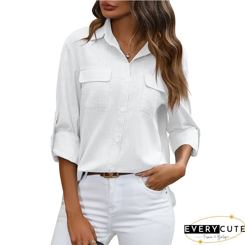 Casual Solid Buttons Down Lapel Collar Side Pockets Blouse