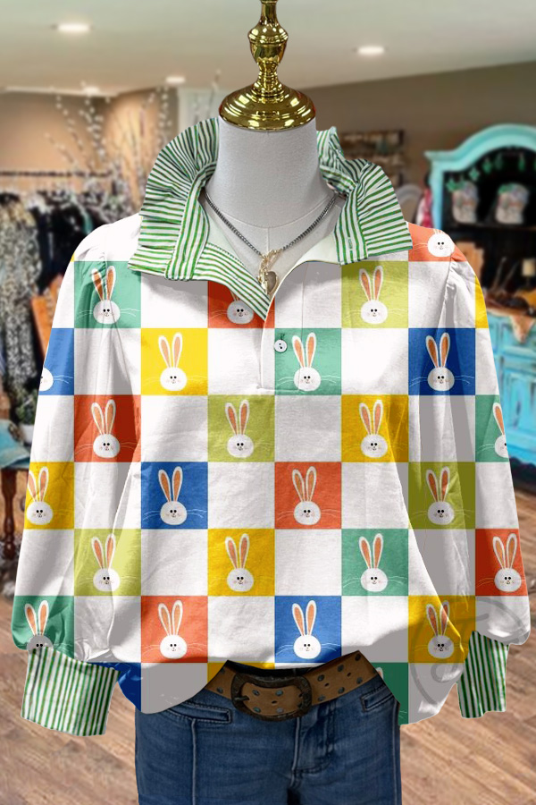 Colorful Checkered Bunny Print Easter Top