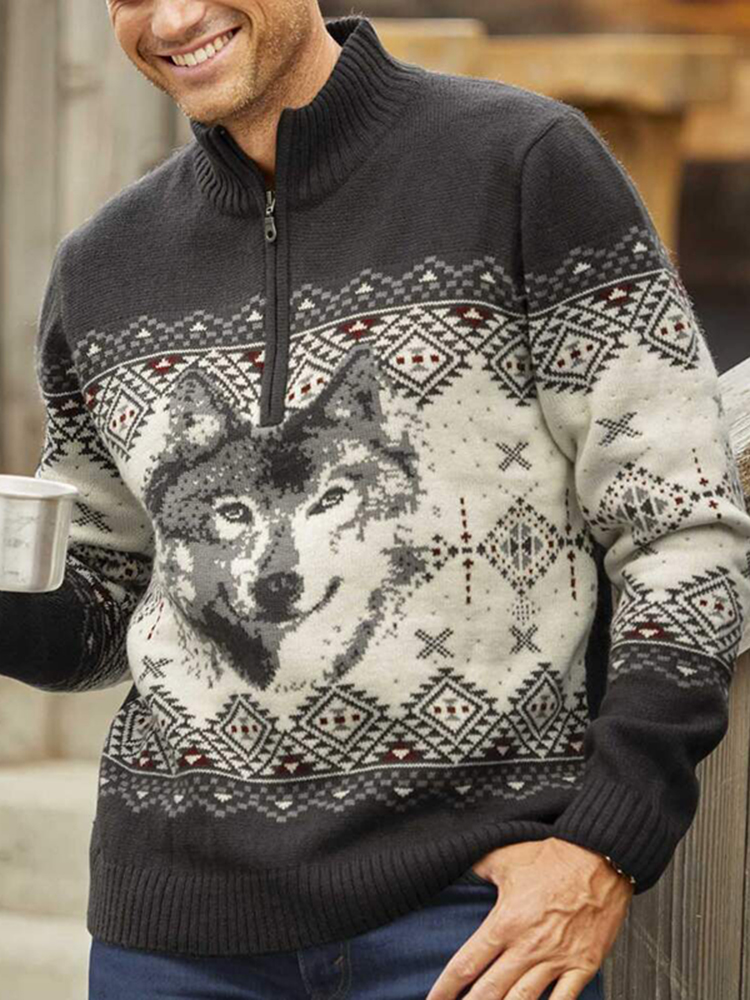 Vintage Wolf Knit Jacquard Icelandic Half Zip Collar Sweater