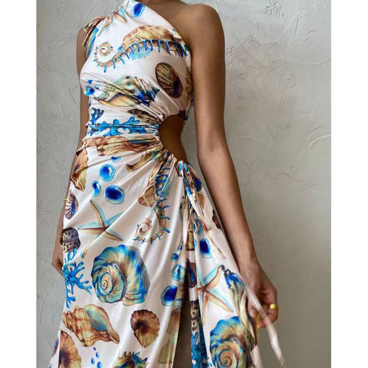 Oblique Shoulder Conch Printed Dress - Ladylim