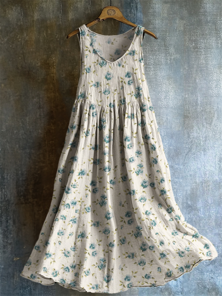 Vintage Cottagecore Blue Floral Linen Tank Dress