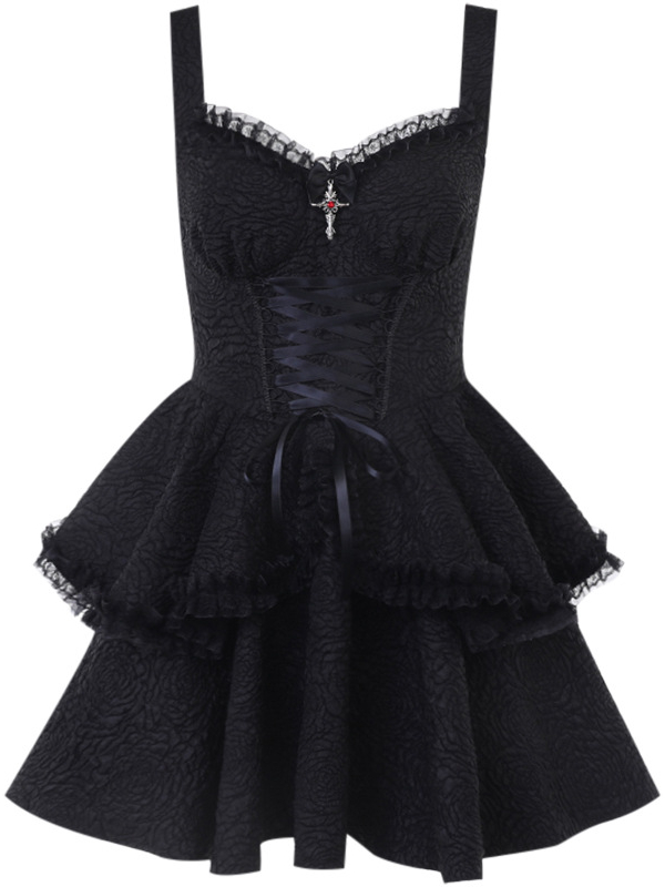 Gothic Dark Bandaged Sleeveless Spaghetti Tiered Lace-up High-rise Mini ...