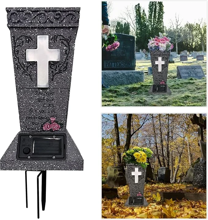 Solar Cemetery Vase with LED Cross Lamp Memorial Flower Holder