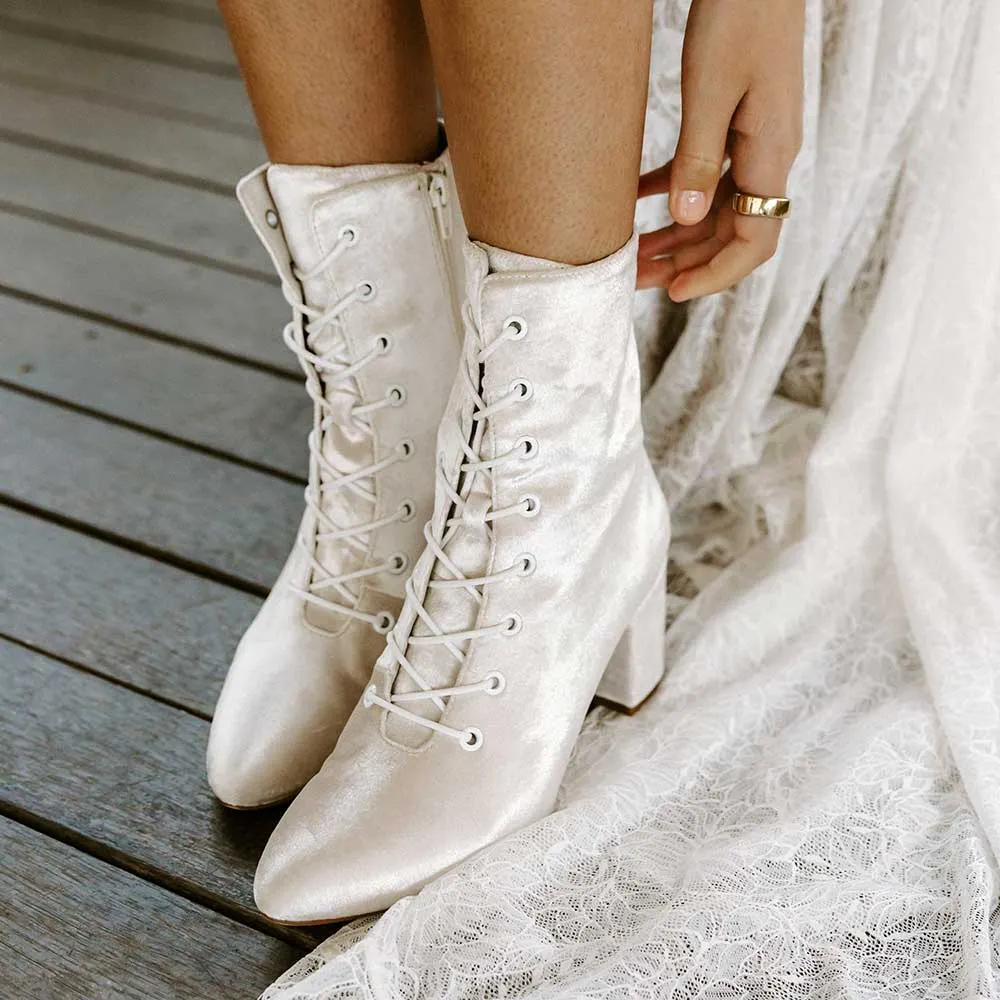 Elegant Ivory Velvet Bridal Shoes Lace Up Chunky Heel Ankle Boots