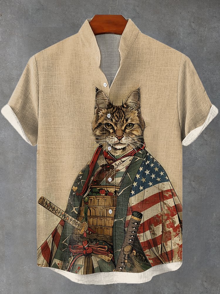 Funbibi Men's Japanese Art American Flag Cat Warrior Art Graphic Linen ...