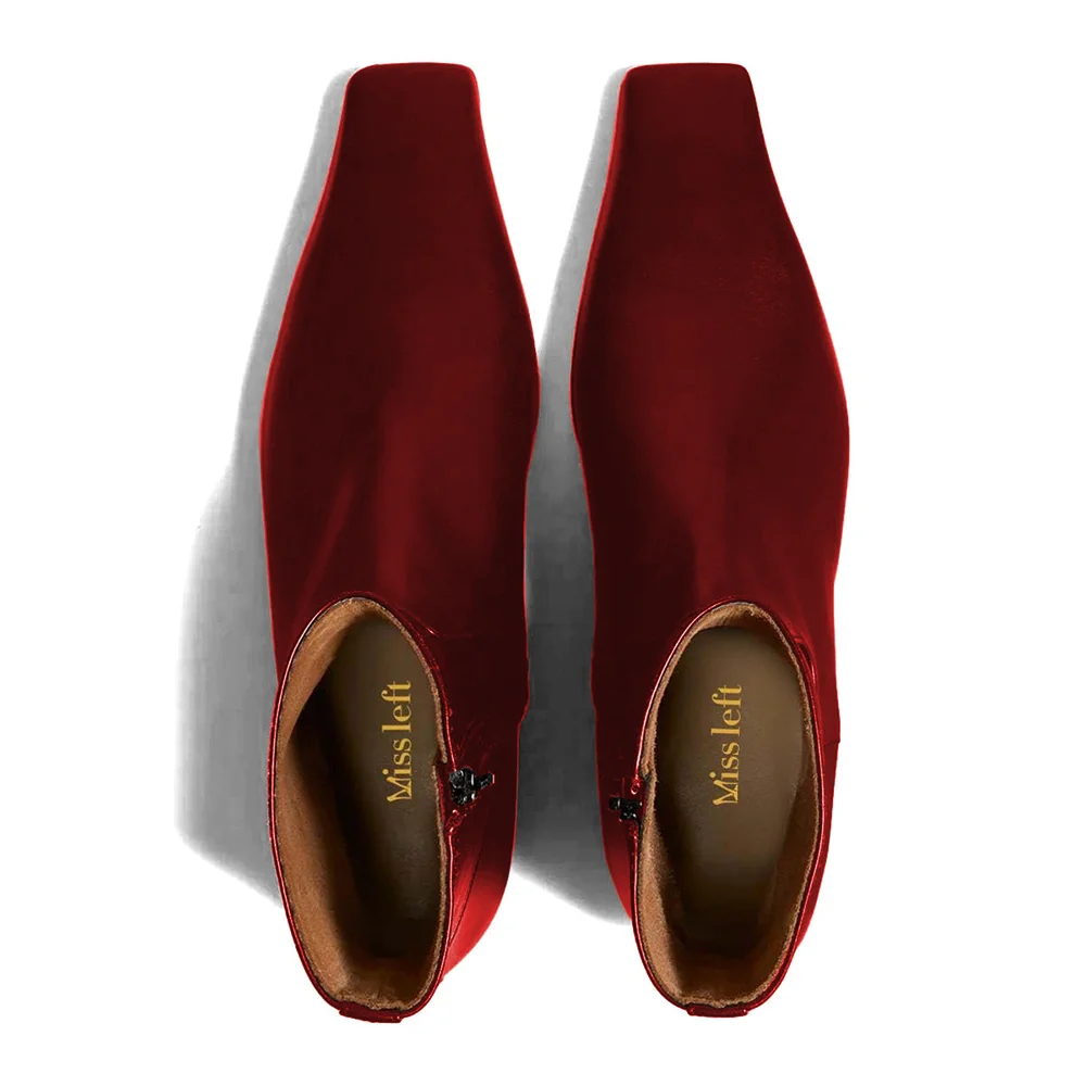 Dark Red Square Toe Chunky Heel Boots for Women with Side Zipper