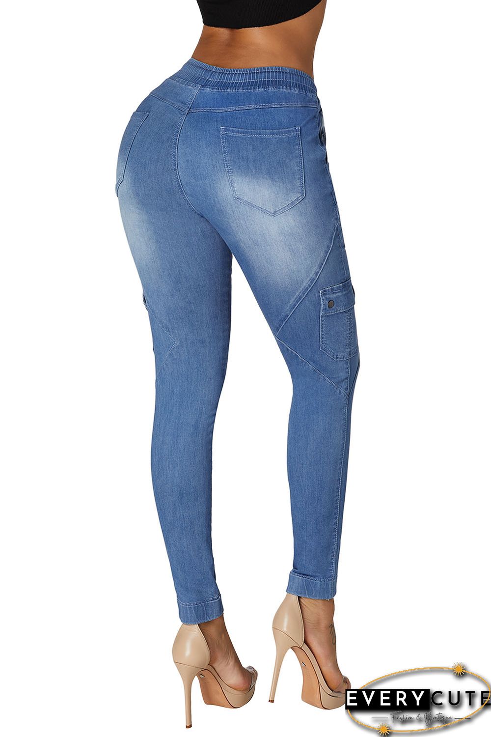 Wholesale Dusty Blue Drawstring Ankle Pocket Denim Jeans Online