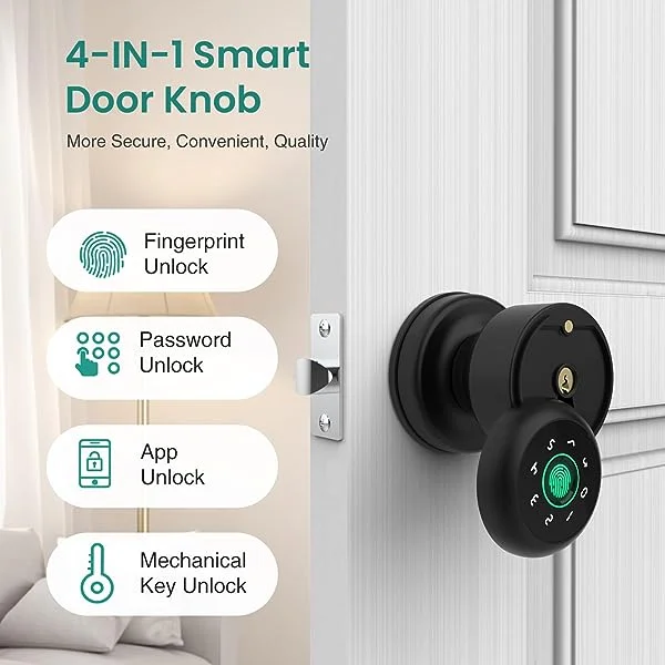 GHome 4 IN 1 Smart Fingerprint Door Knob with Keypad Door Lock Biometric Smart Door Knobs App Control Keyless Entry Door Lock Great for Home Bedroom Apartment Offices and Garages