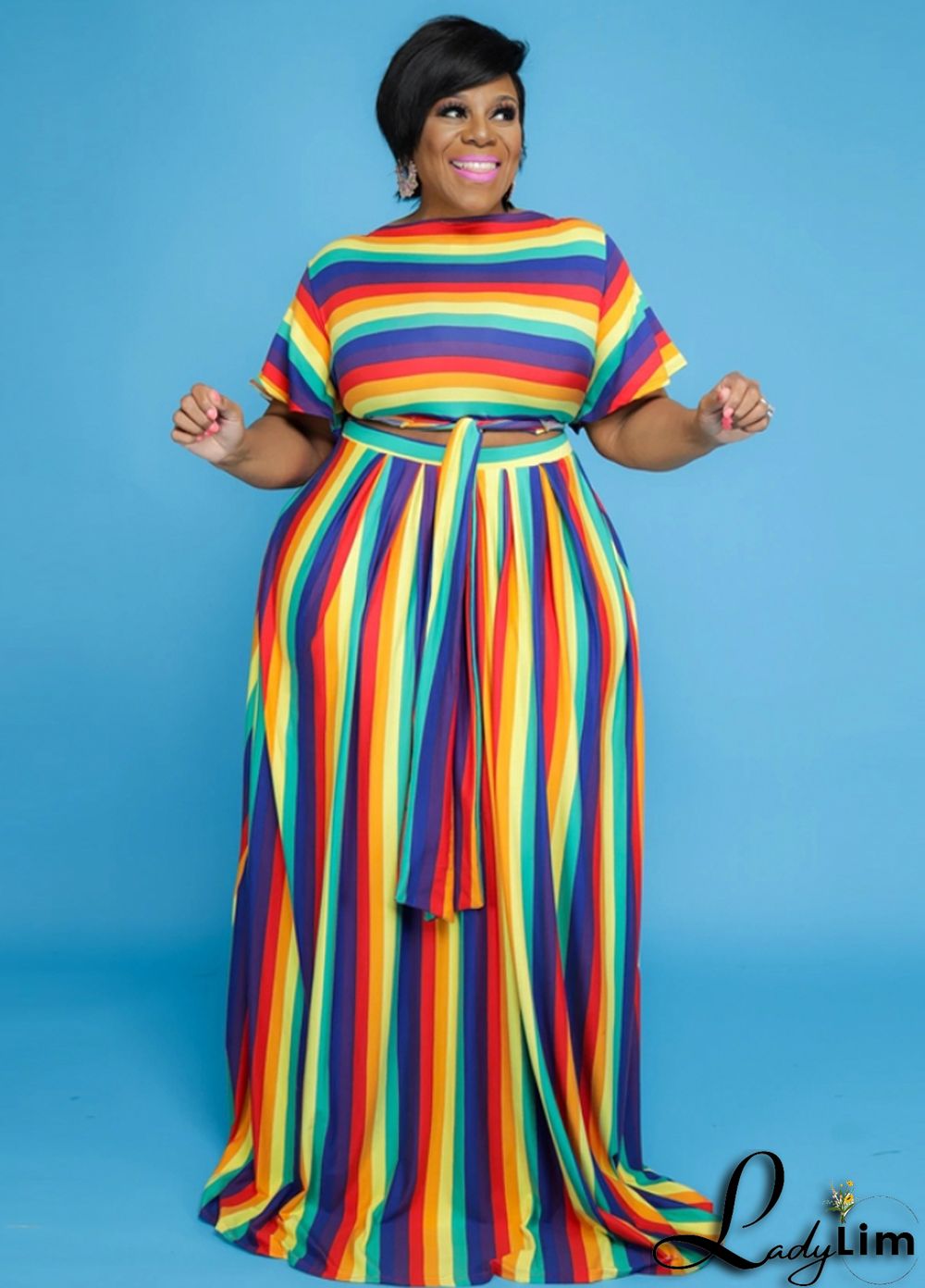 Wholesale Summer Plus Size Rainbow Crop Top and Long Skirt Set Online