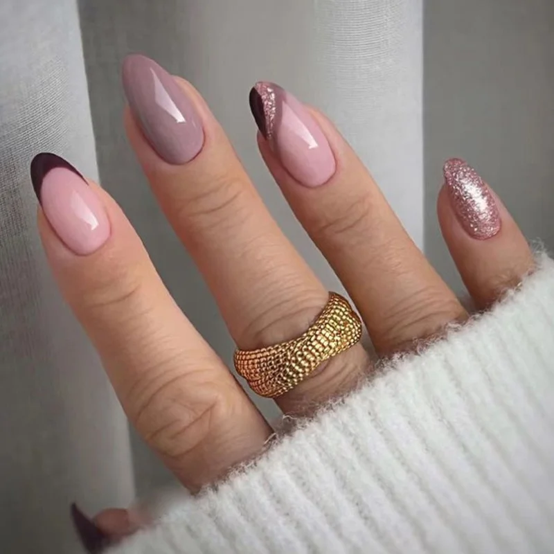Churchf Almond Fake Nail Pink French False Nails Oval Head Ripple ...