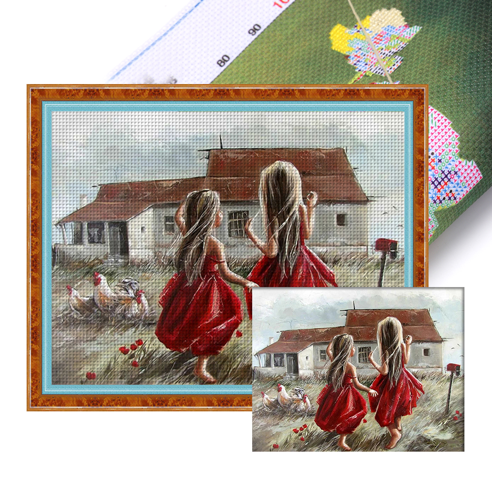 11CT Full Stamped Cross Stitch - Girl by the House (50*40CM) Embroidery ...