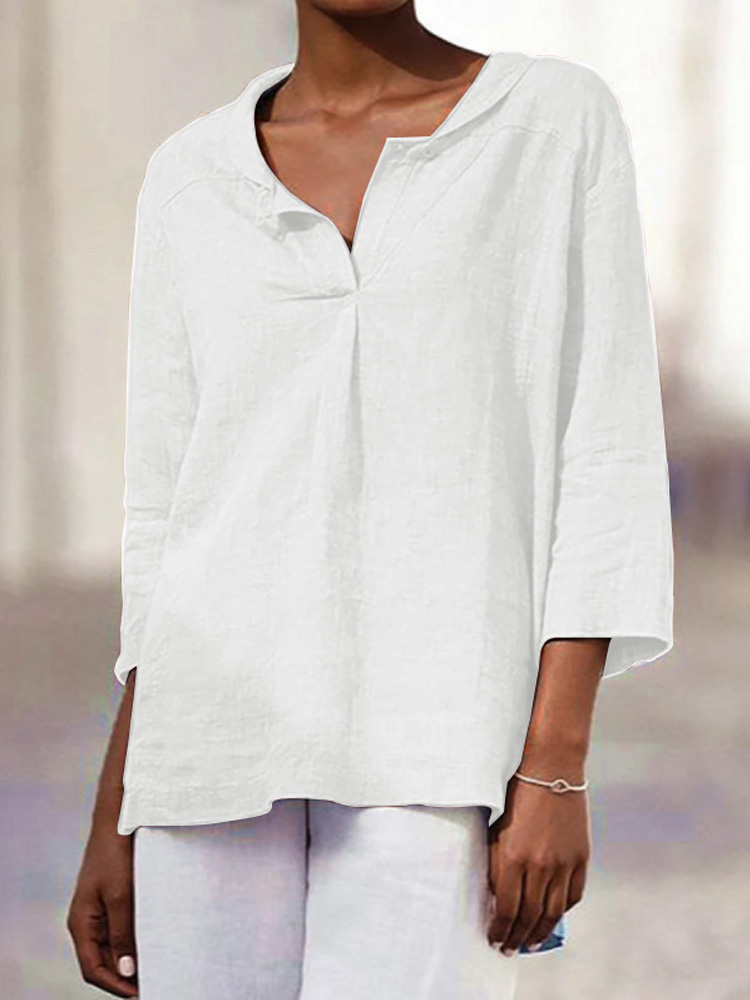 Casual lapel asymmetrical hem 7-point sleeve basic shirt