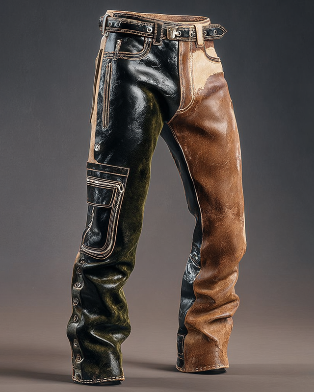 Men's Contrasting Color Stitching Rivet Leather Pants 4444