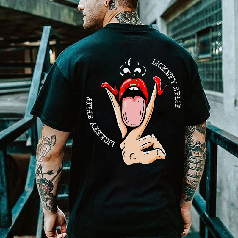 LICKETY SPLIT Cartoon Face Sexy Mouth Black Print T-shirt