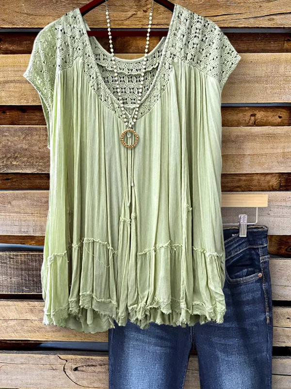 Cozy Ruched Crochet Patchwork Top