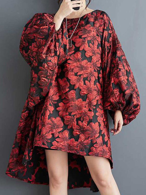 Chic Red Round-Neck Flower Jacquard A-Line High-Low Puff Sleeve Midi Dress