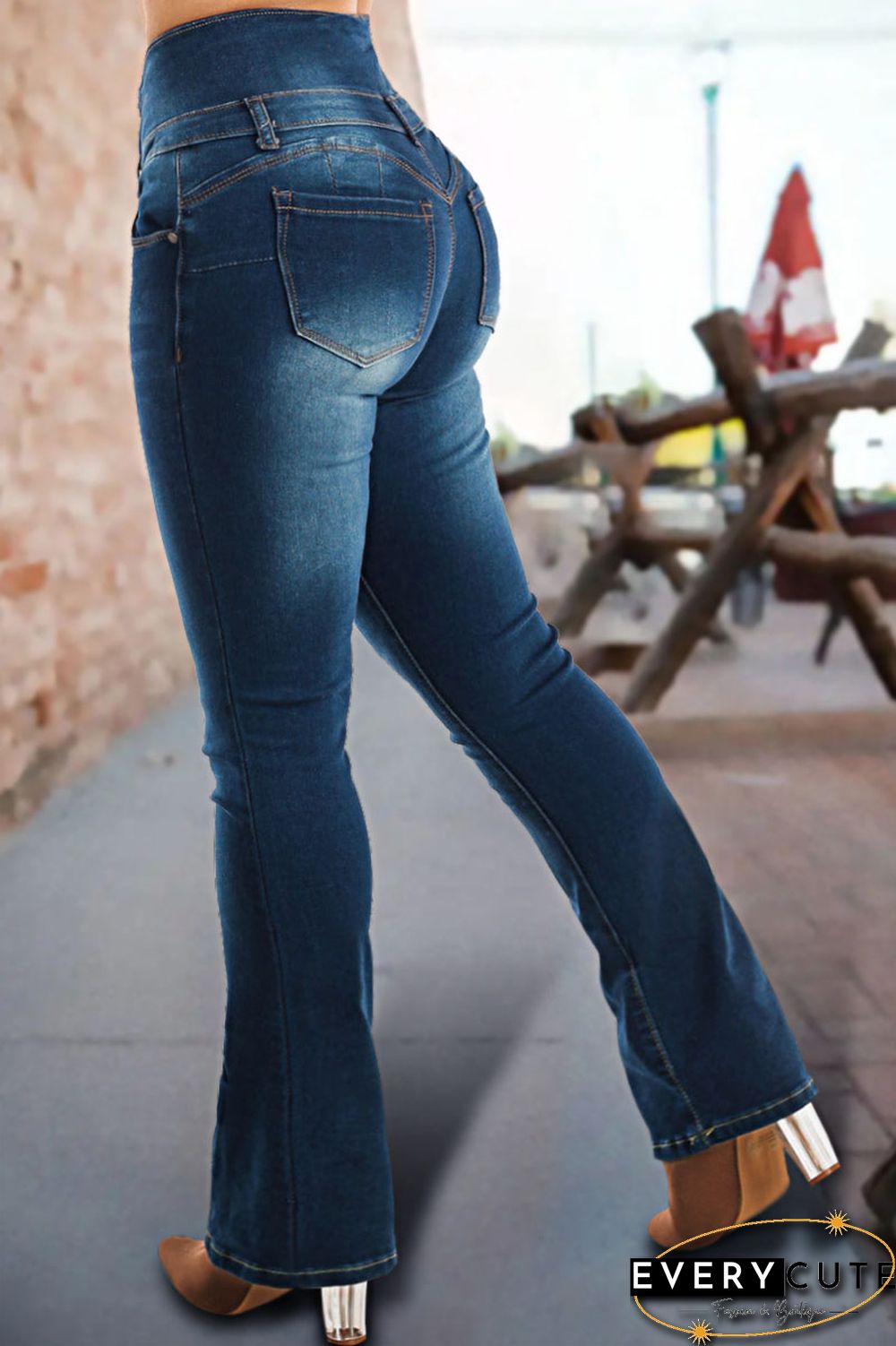 Button Fly Pocket Back High Waist Flare Jeans