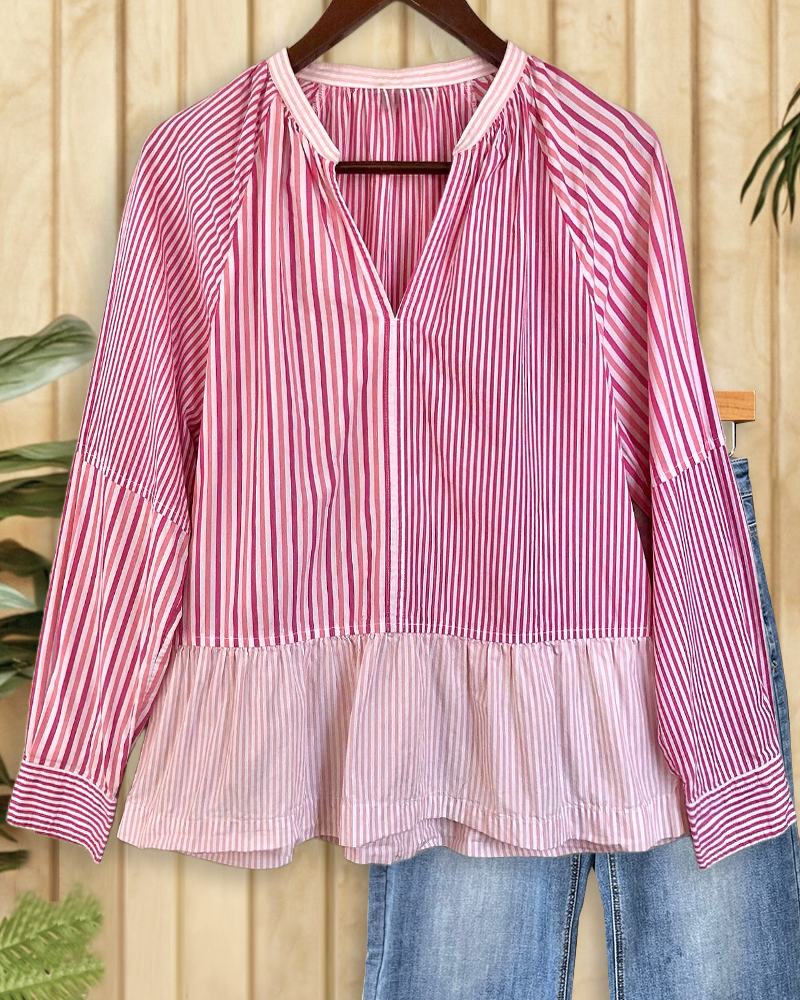 Striped V Neck Girly Peplum Blouse