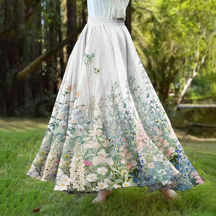 Vintage Gradient Flower Painting Art Linen Blend Flowy Wide Skirt