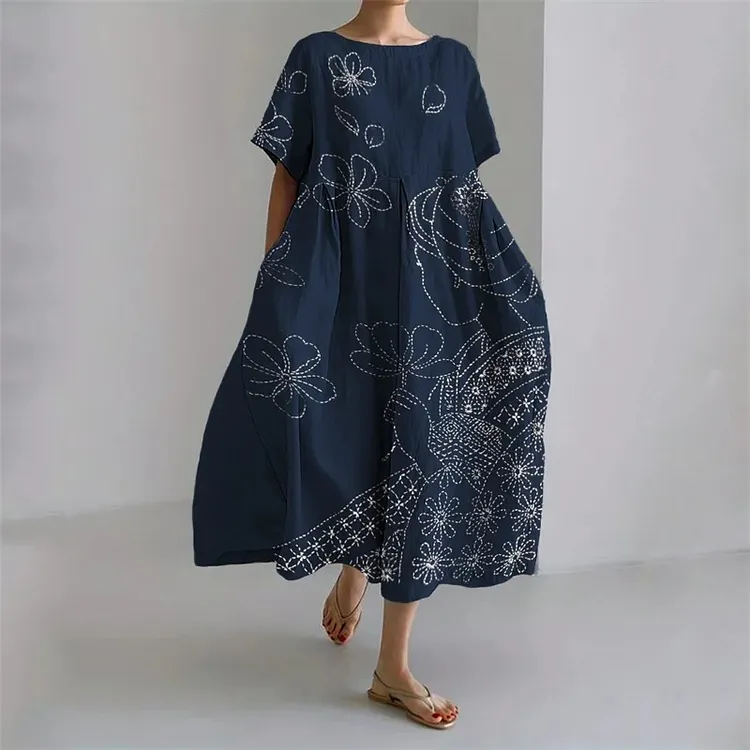 Japanese Women & Falling Cherry Blossom Sashiko Print Linen Blend Maxi ...
