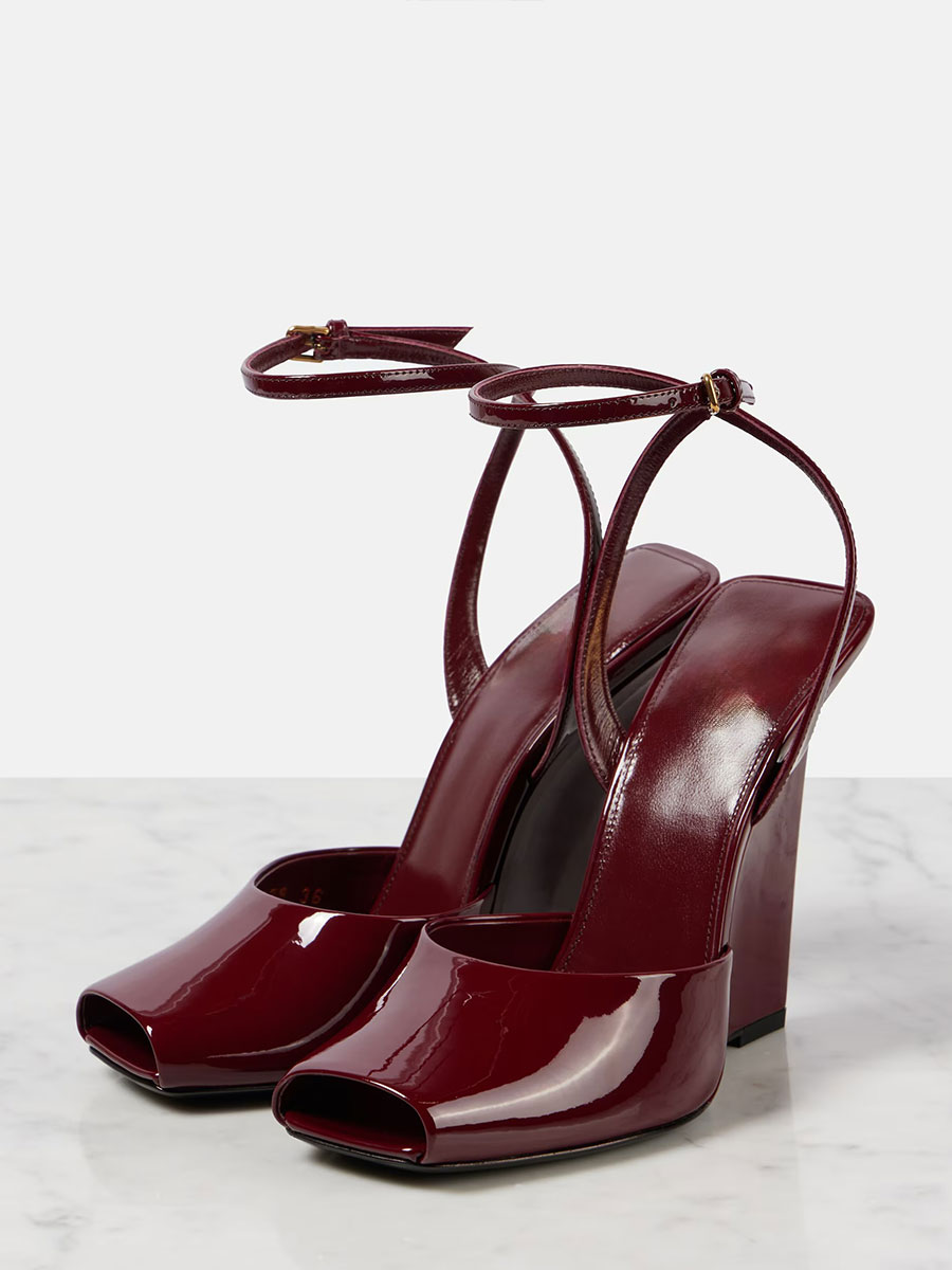 Maroon Patent Leather Ankle Strap Buckle Wedge Sandals for Women