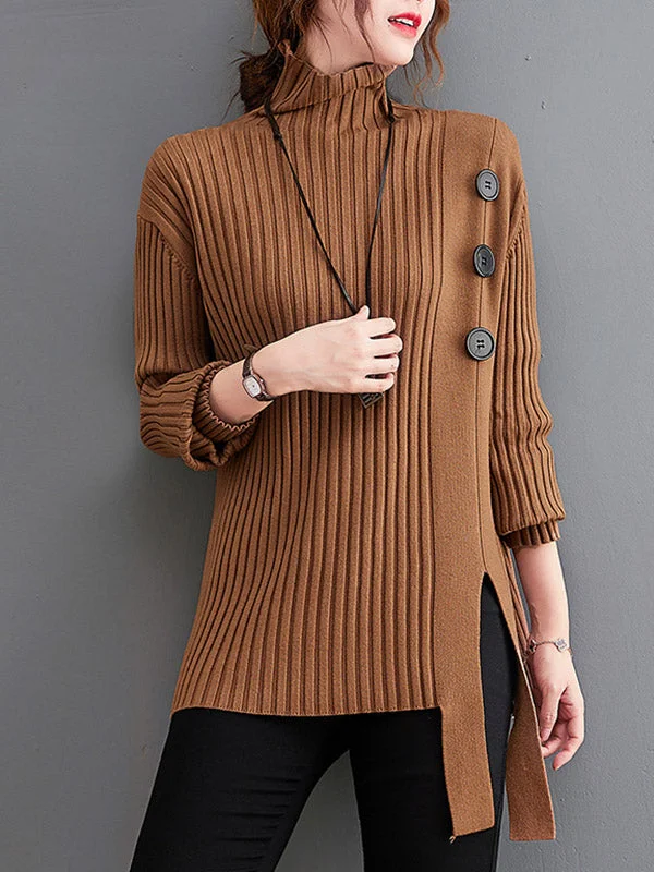 Urban Buttoned Split-Side Asymmetric Split-Joint High-Neck Sweater