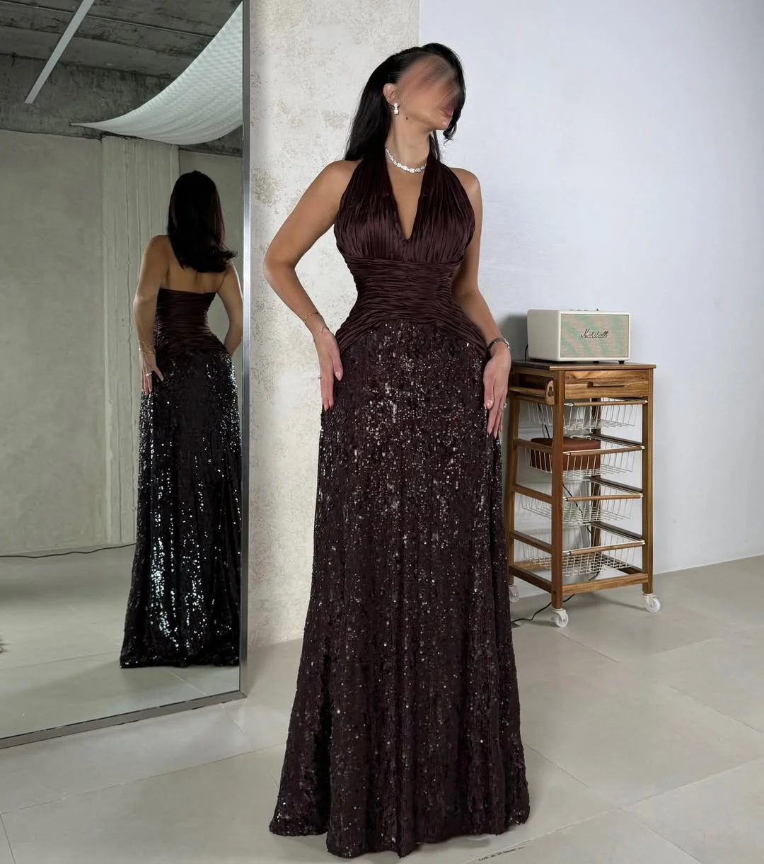 Vintage Chocolate Halter Pleated Sleeveless Sequins Prom Dress YK0637