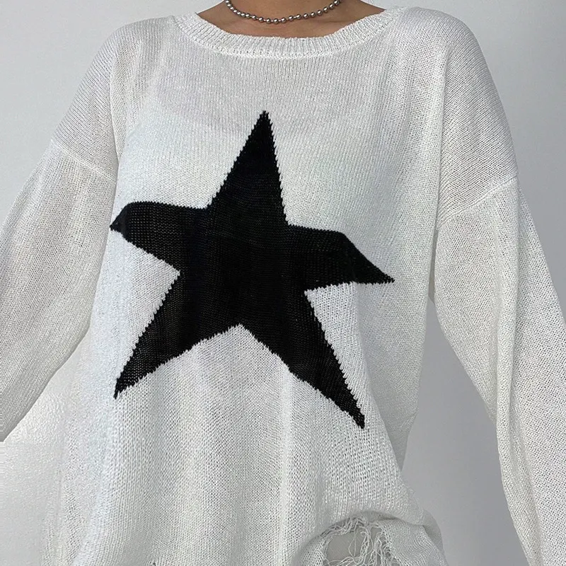 BLACK STAR RIPPED LONG SLEEVE KNIT SMOCK