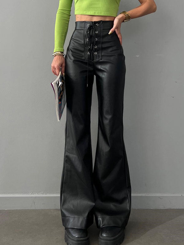 Cool Black Lace-up Pu Leather Flared Pants