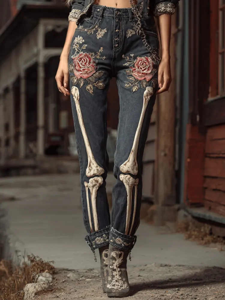 Halloween Vintage Skull Rose Embroidered Jeans
