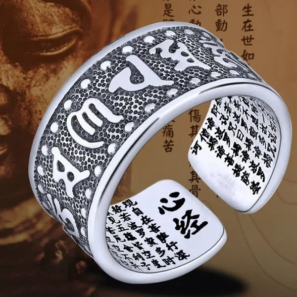 Sterling Silver Vintage Tibetan Six Character Heart Sutra Ring