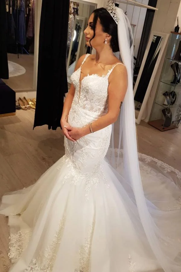 Daisda Gorgeous Tulle Spaghetti-Straps Long Mermaid Wedding Dress With Appliques Lace