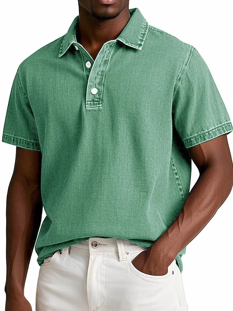 Men's Fashion Retro Washed Distressed Cotton Lapel Short Sleeve Polo Shirt