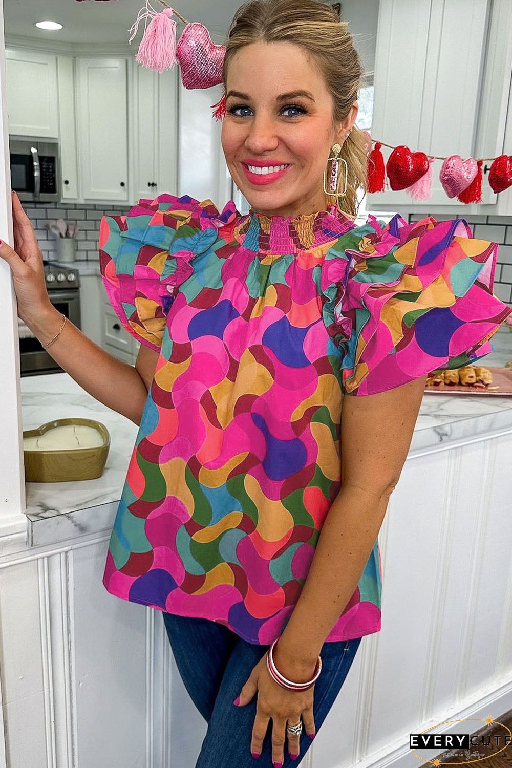 Rose Red Dramatic Ruffle Sleeve Smock Neck Wavy Print Top