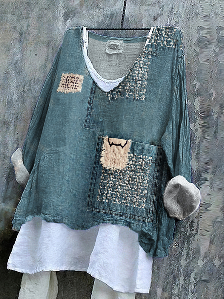Retro Sashiko Cats Japanese Art Patchwork Linen Blend Tunic