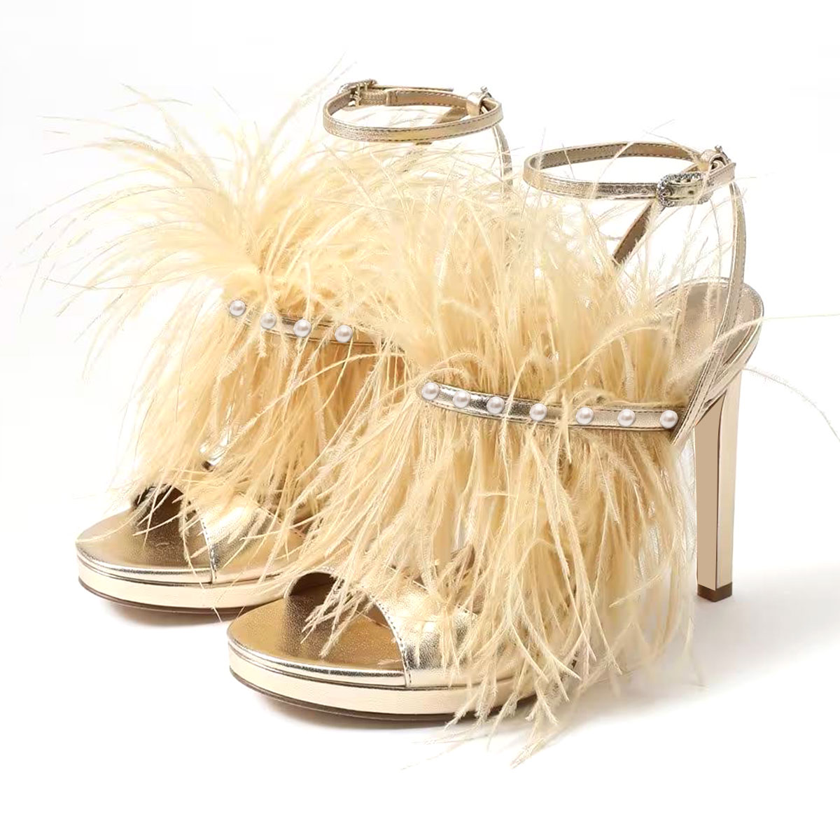 Gold Fur Decor Round Toe 4'' Stiletto Heel Ankle Strap Sandals