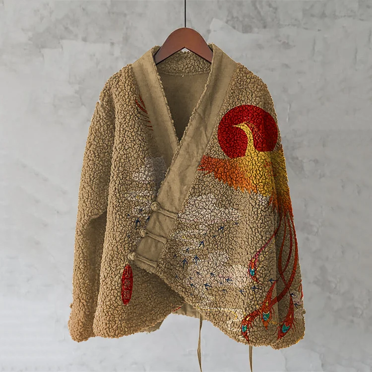 Japanese Style Flying Phoenix Art Pattern Plush Kimono Cardigan