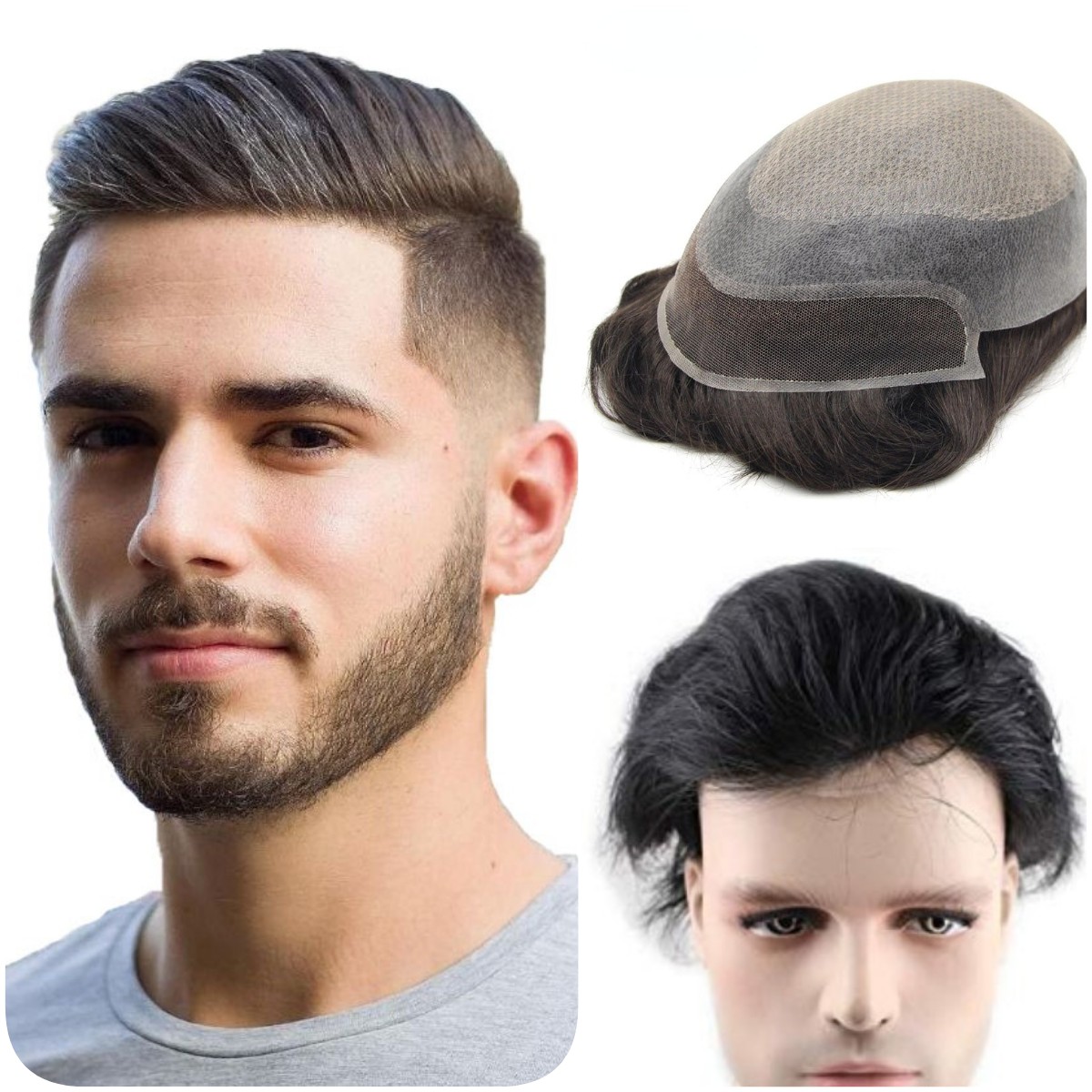 Men Toupee Silk Base With Swiss lace Frontal PU Around Wig I Lace