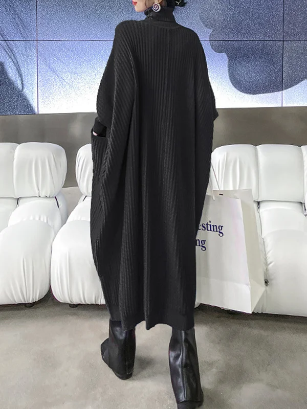 Elegant High-Neck Batwing Sleeve Sweater Dress with High-Low Hem and Pockets