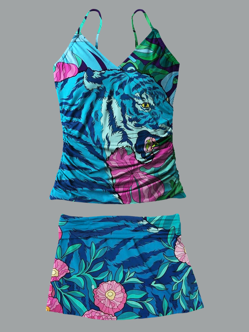 V-Neck Vintage Tiger Print Suspender Skirt Tankini Pantskirt Set Swimsuit