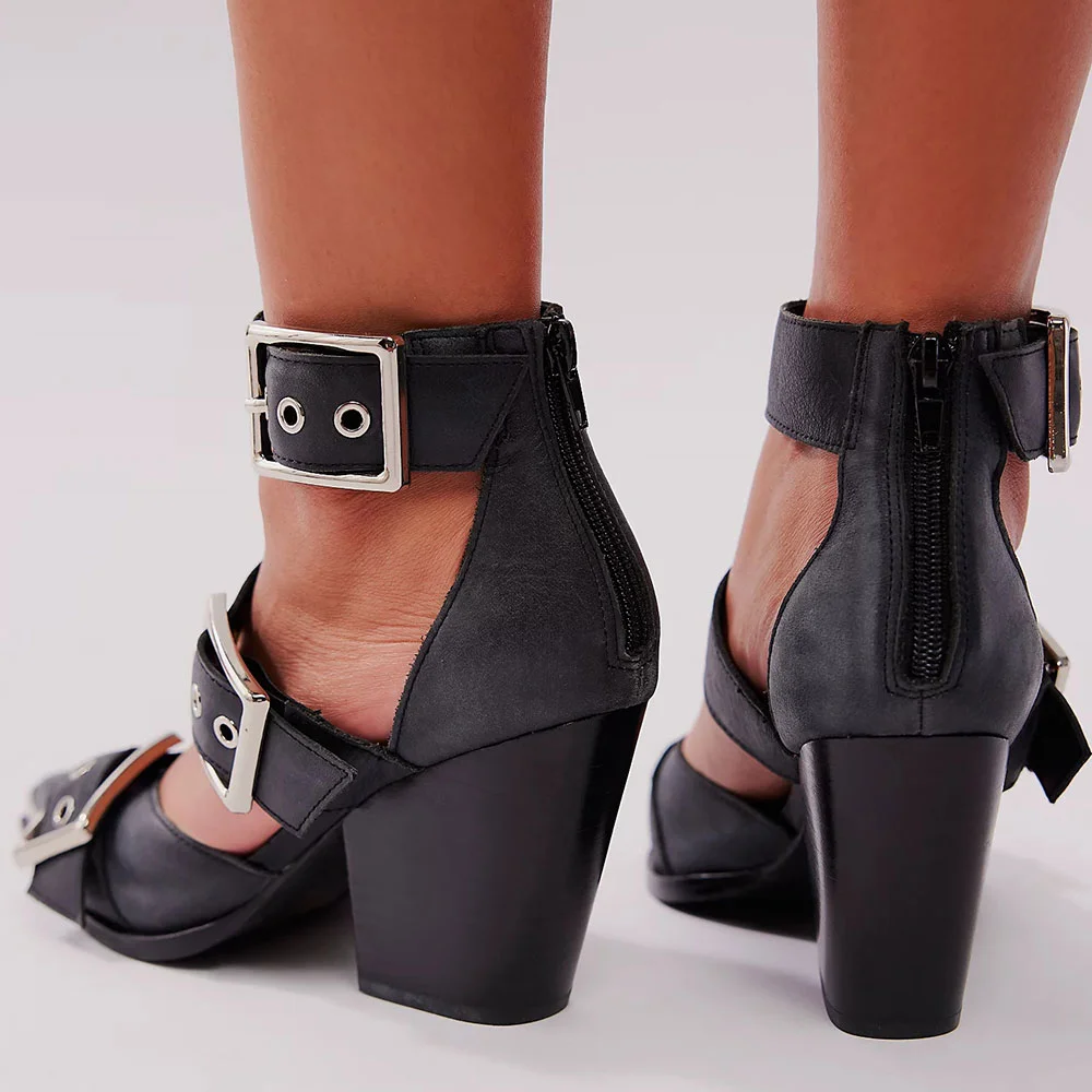 Stylish Black Pointed Toe Triple Strap Chunky Heels with Buckles