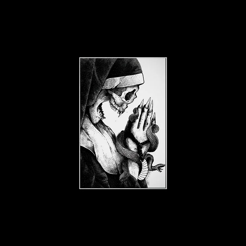 Nun Skull Praying with Fierce Snake Black Print T-shirt