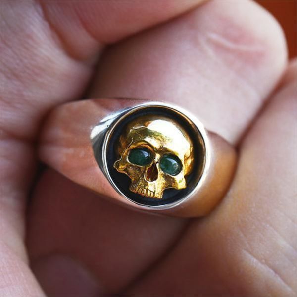 Sterling Silver Emerald Punk Skull Ring