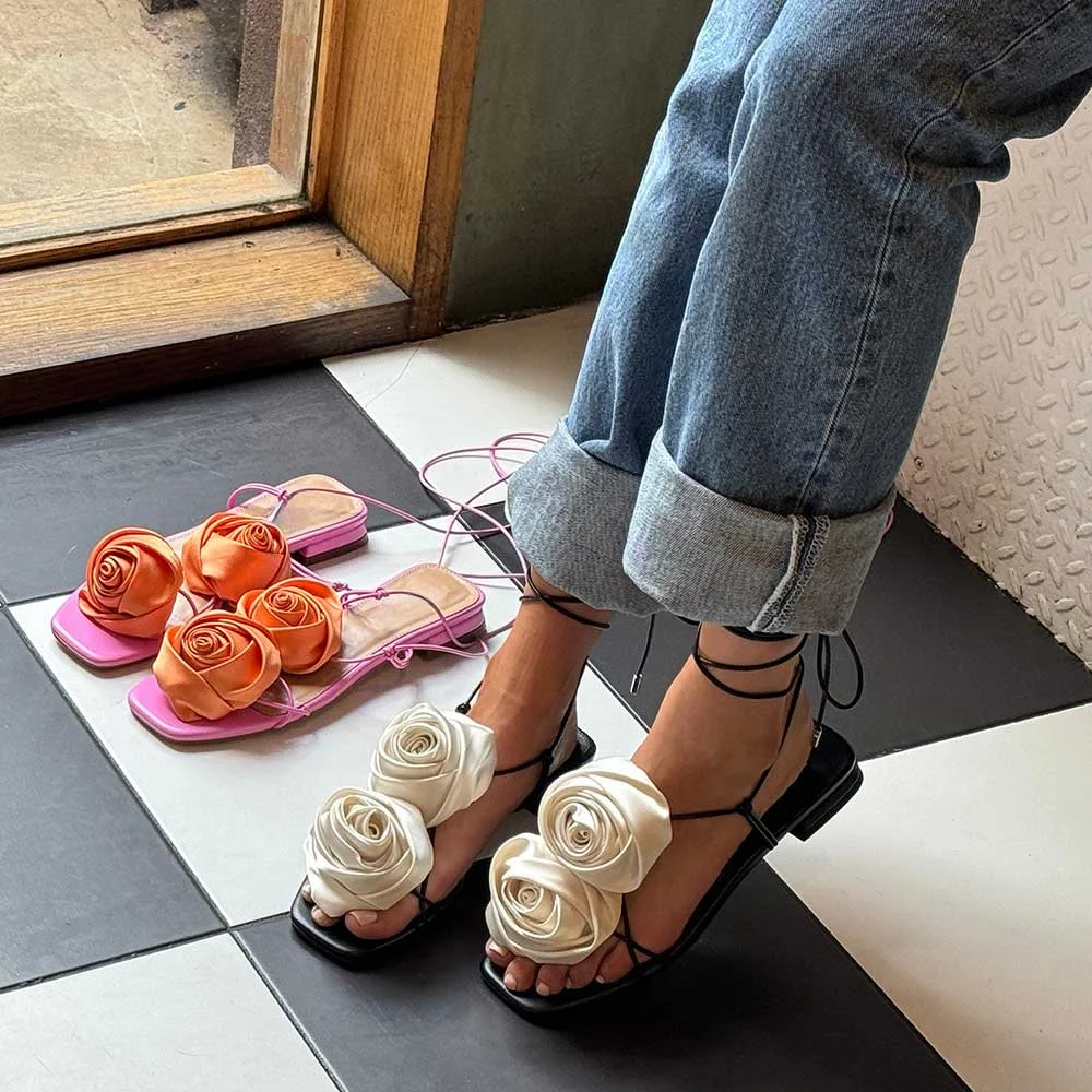 Pink Vegan Leather Orange Satin Floral inlay Lace-Up Flat Sandals