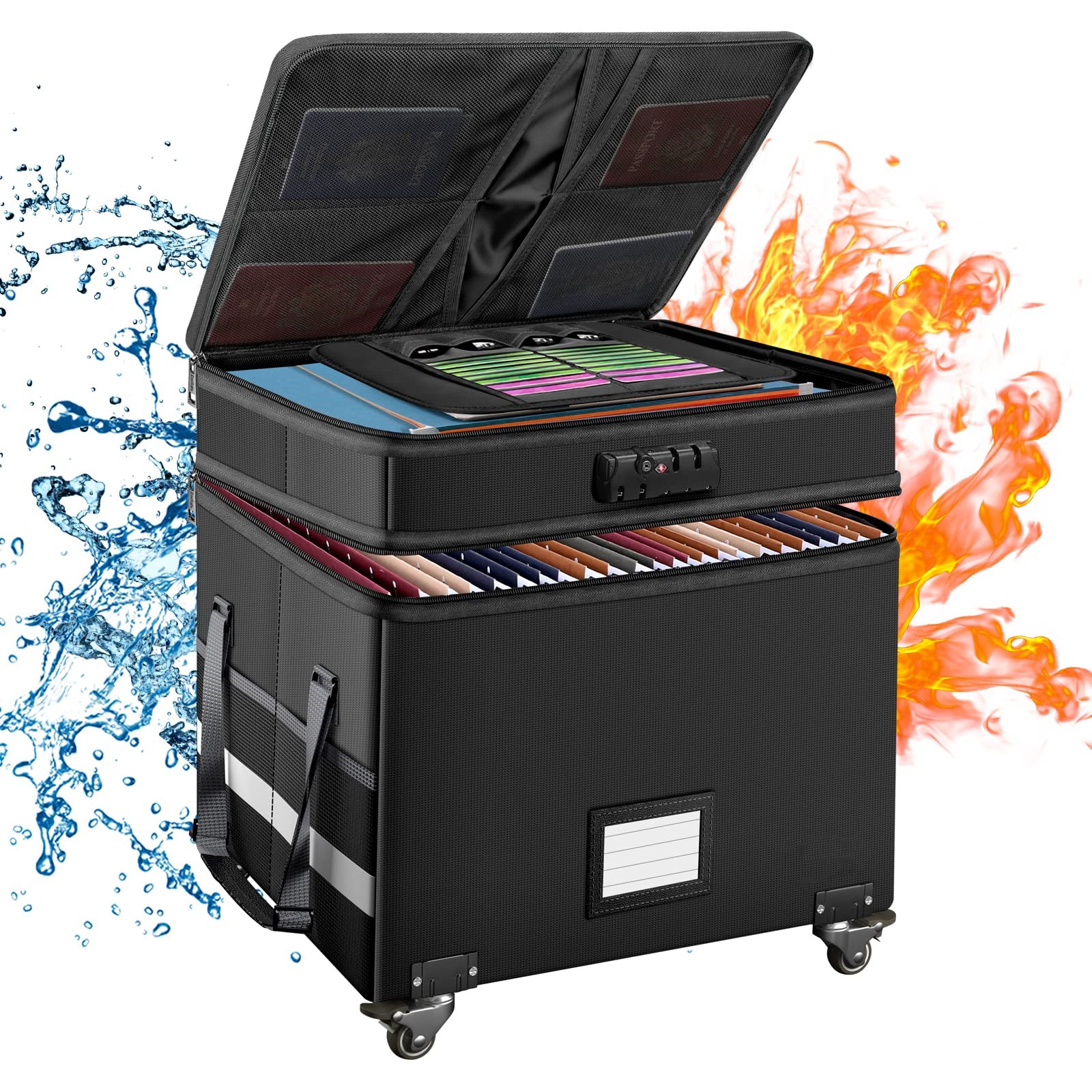 File Box with Lock, Multi-Layer Fireproof Document Box with Wheels