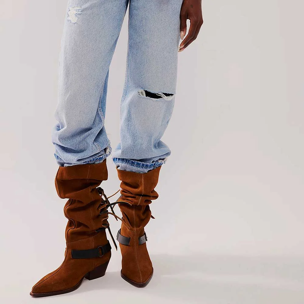 Vegan Suede Lace-Up Detail Buckle Strap Western Slouch Boots in Brown
