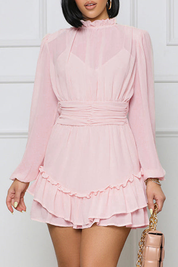 Mandarin Collar Ruched Ruffle Chiffon Mini Dress