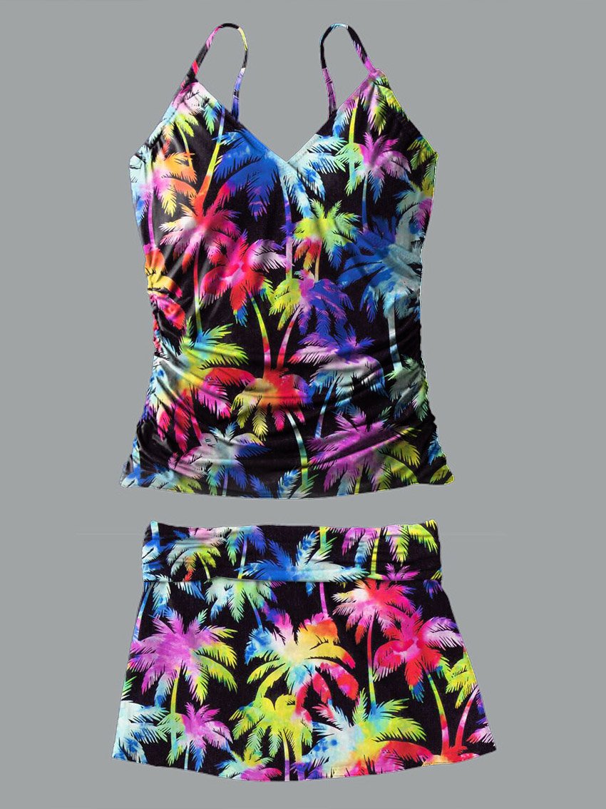 Palm Tree Print V-Neck Halterneck Pleated Tankini Set Swimsuit